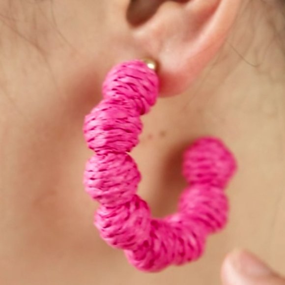 Jewelry | Hot Pink Hoop Earrings Wicker Beaded Rattan Raffia Chunky ...